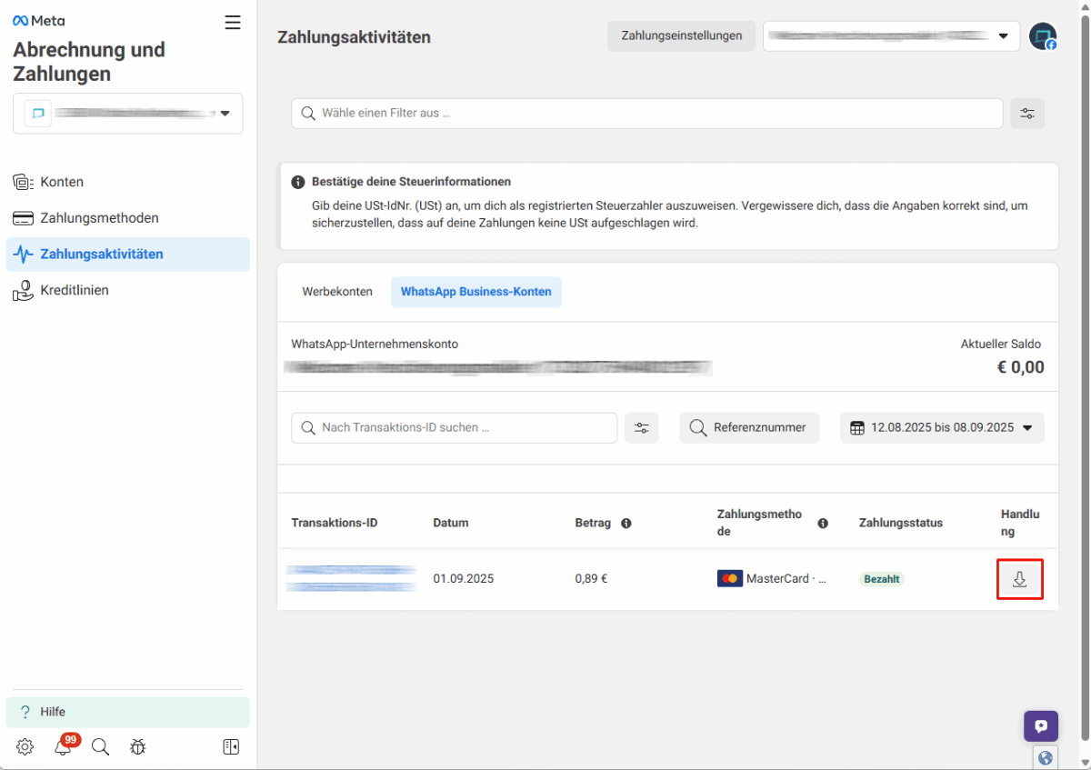 Meta Rechnungen Download
